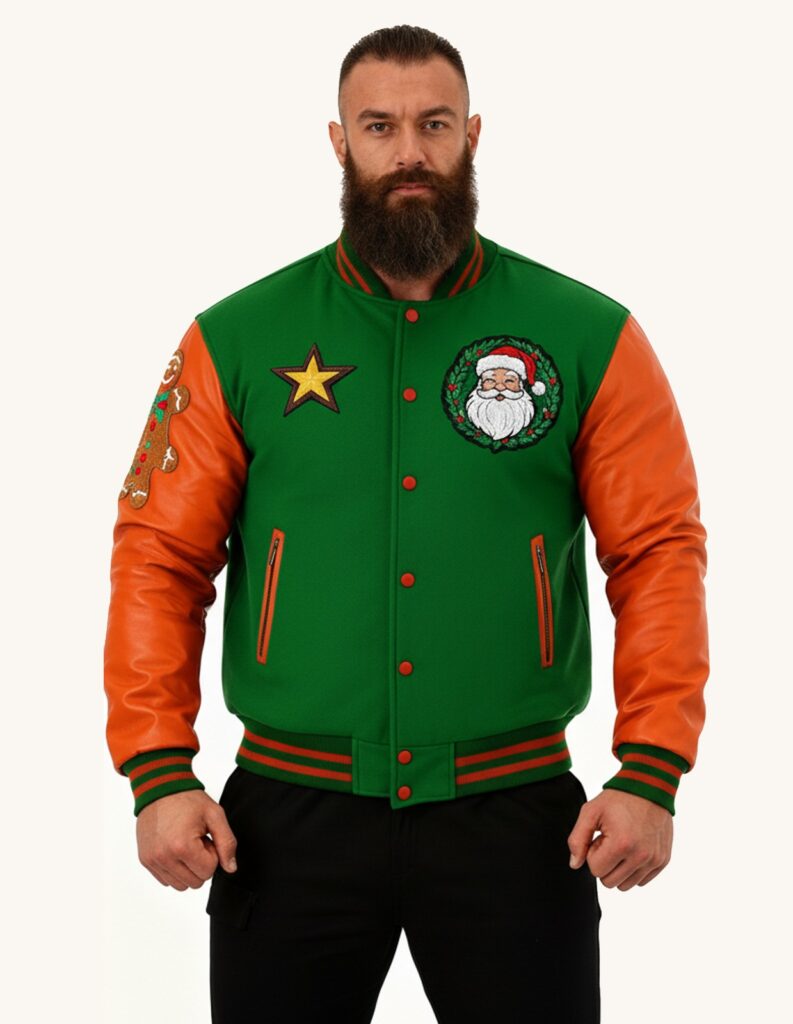 Christmas Bomber Jacket Festive Green & Orange Holiday Wear